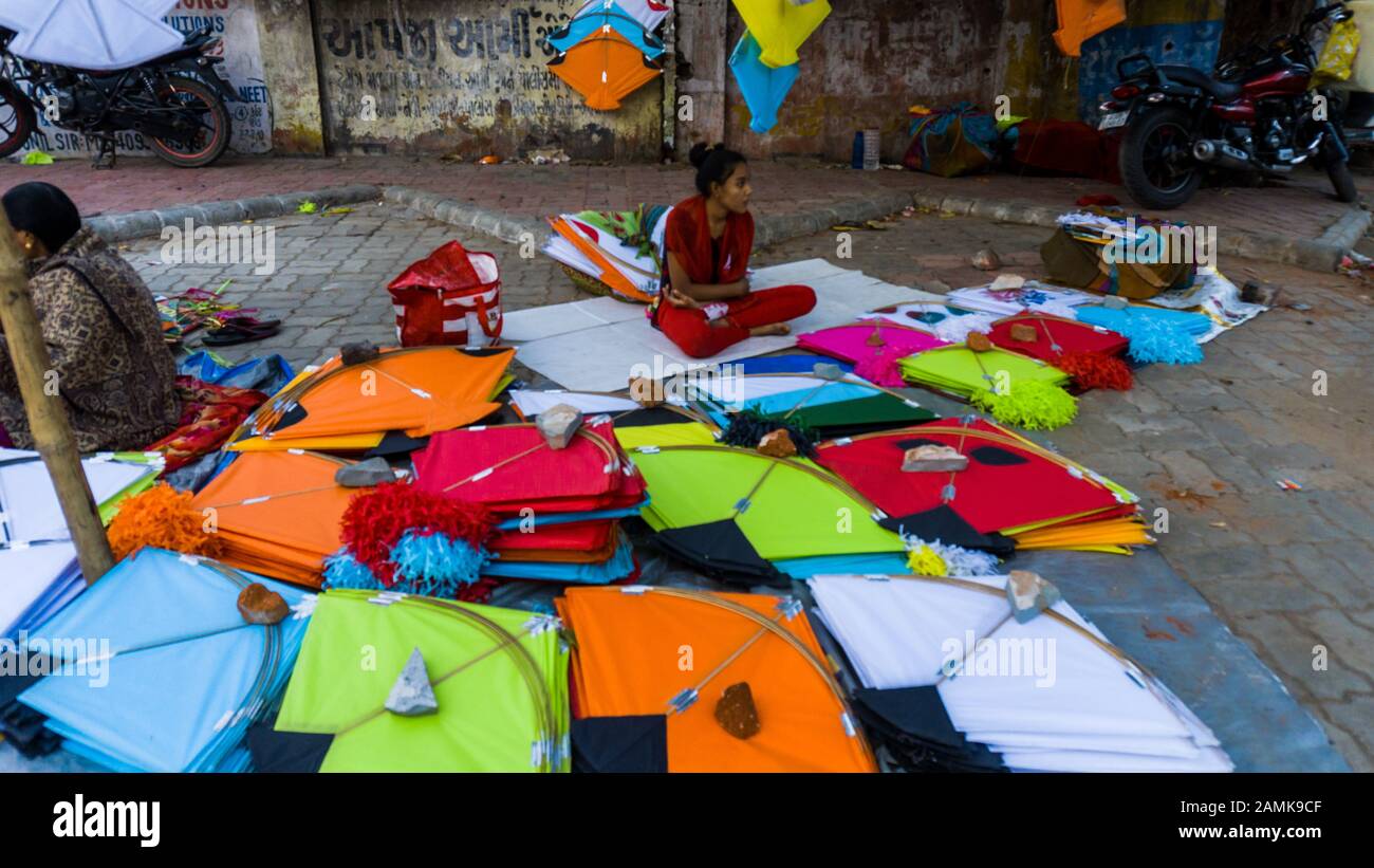 Patang(kite) stall in Patang(kite) fair. People buying patang, pipuda ...