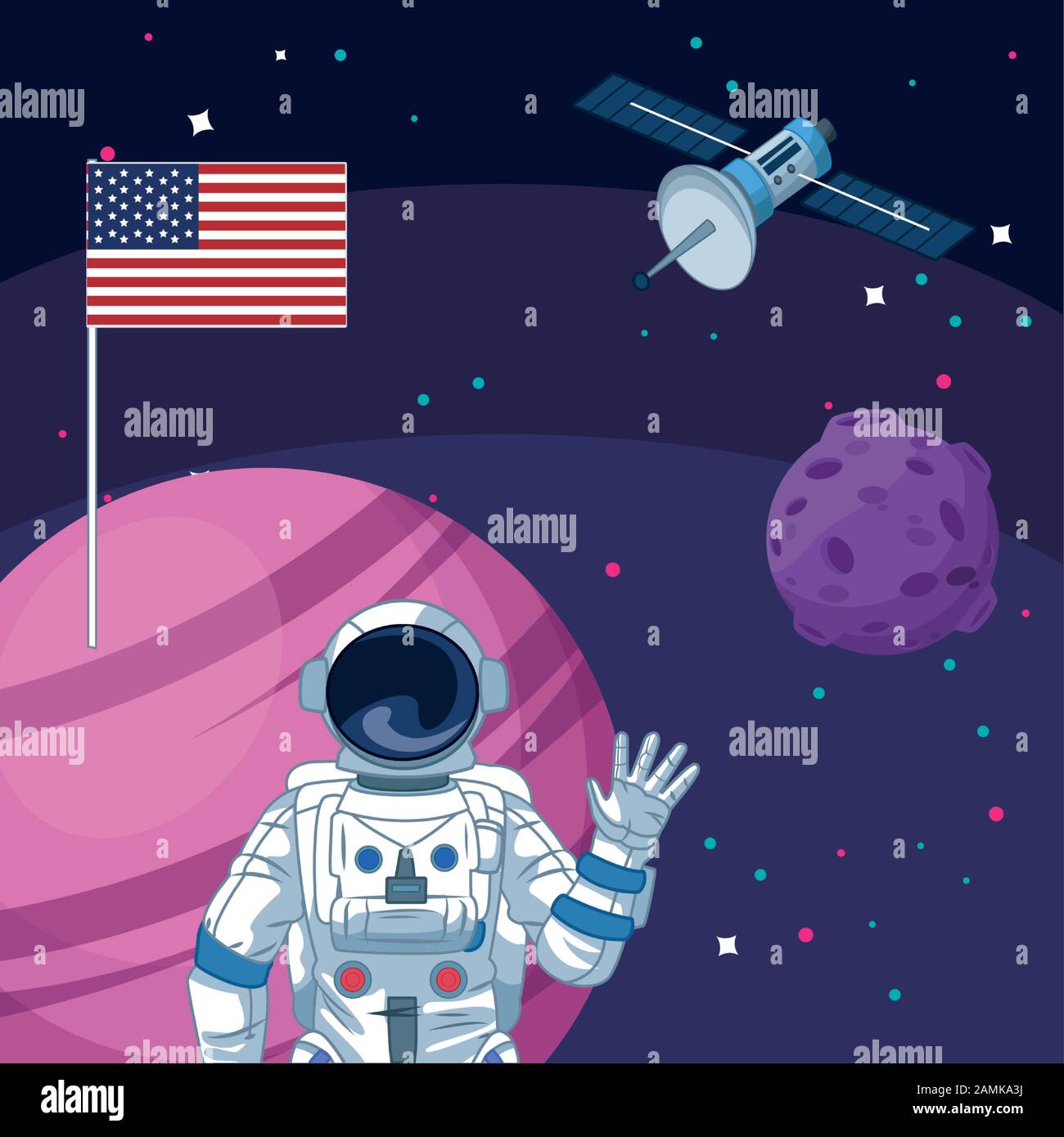 astronaut american flag planet spacecraft satellite space exploration ...