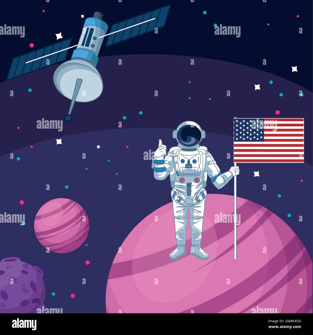 astronaut with american flag planets satellite space exploration Stock ...