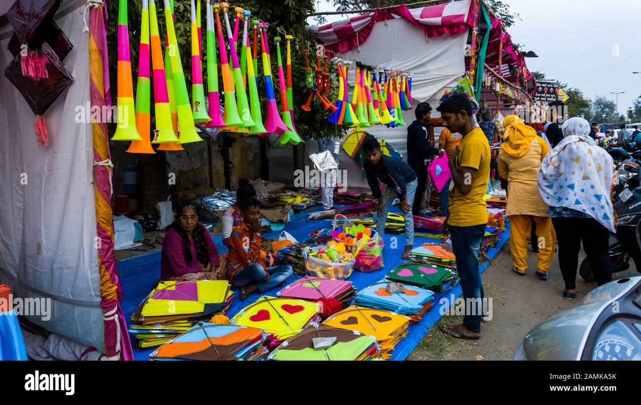 Patang(kite) stall in Patang(kite) fair. People buying patang, pipuda ...