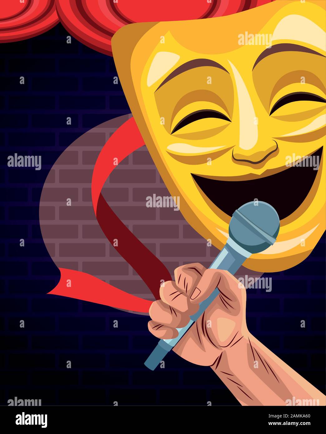 hand with microphone and comedy theater mask stand up comedy show Stock ...