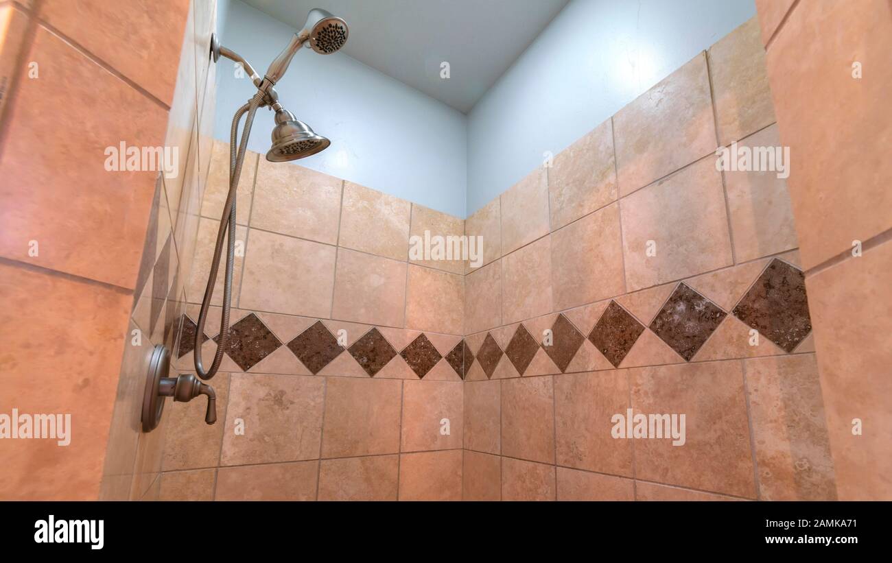 Panorama Tiled shower with decorative diamond pattern bright interior ...