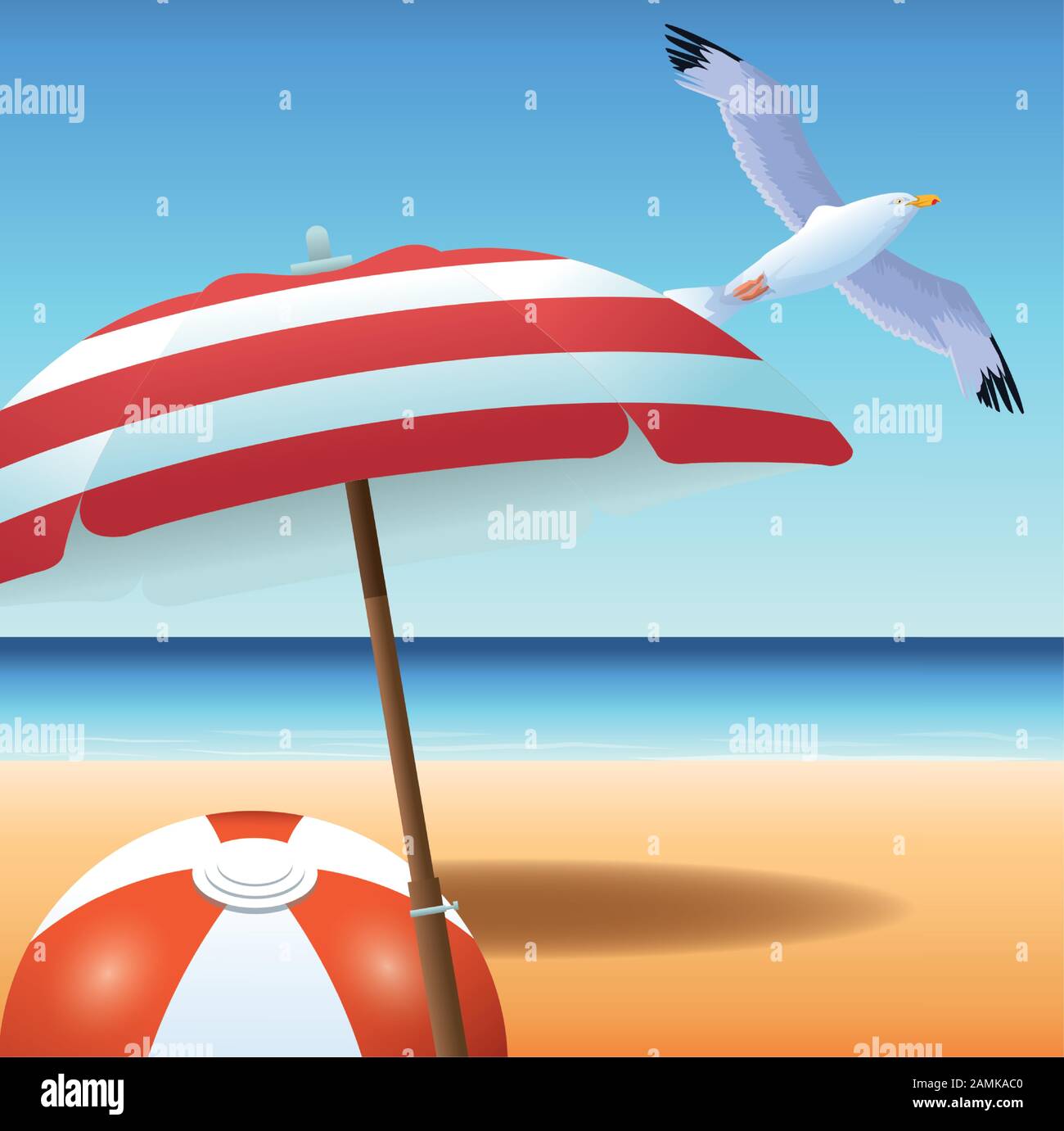 summer time in beach ball vacations seagull umbrella sea sand Stock ...