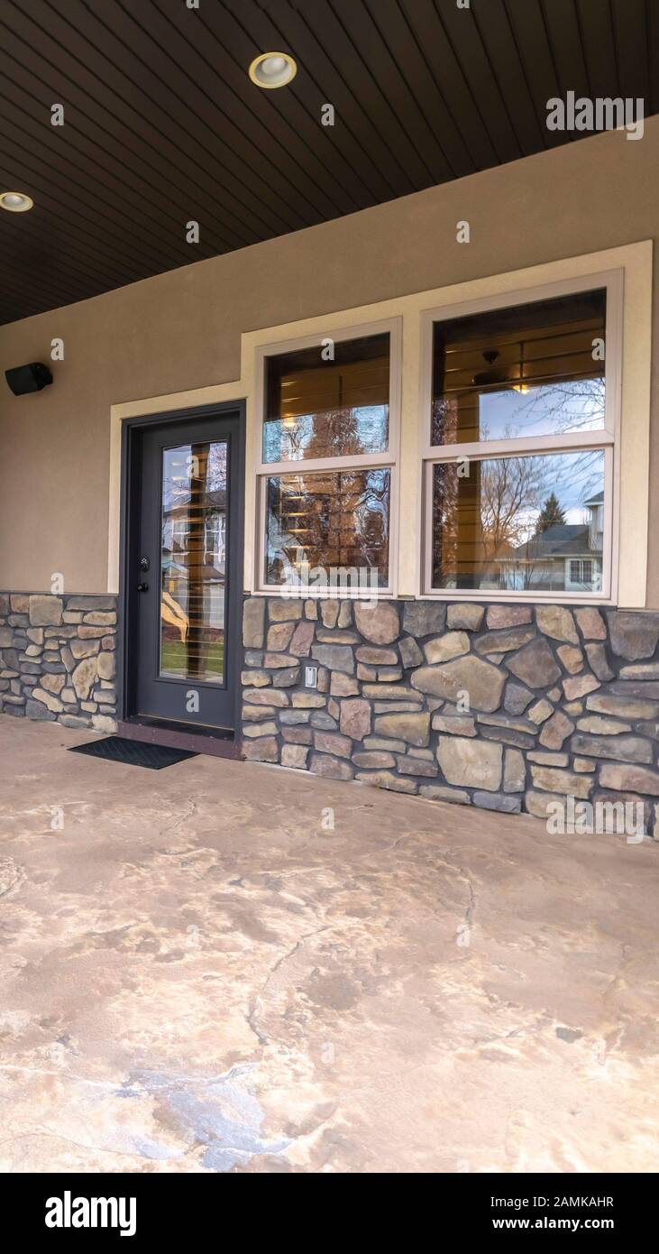 Vertical frame Modern house with feature stone wall day light Stock ...