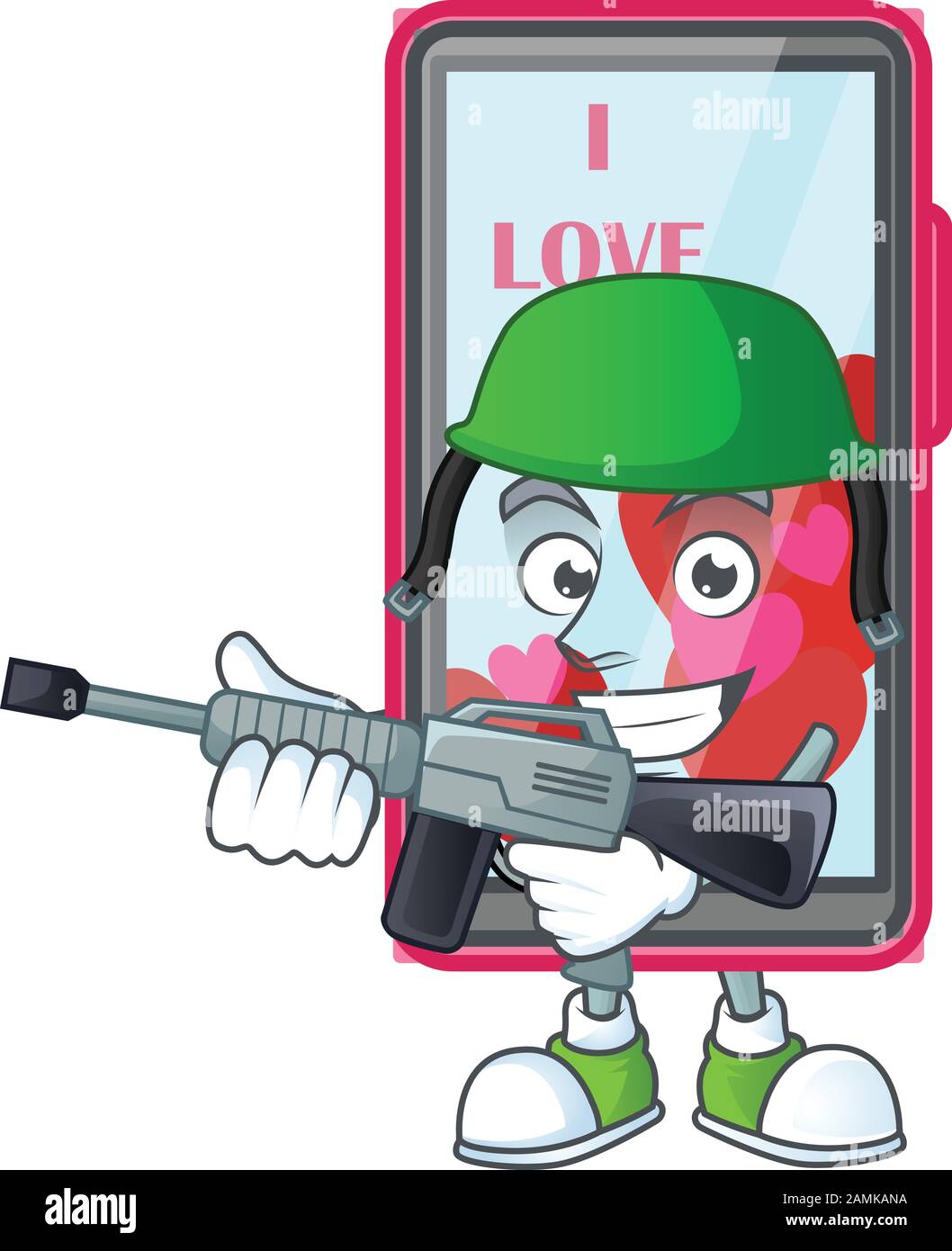 Smartphone love carton character in an Army uniform with machine gun ...