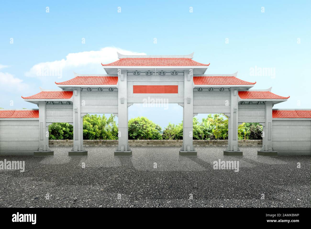 Chinese pavilion gate with red roof on the park with a blue sky ...