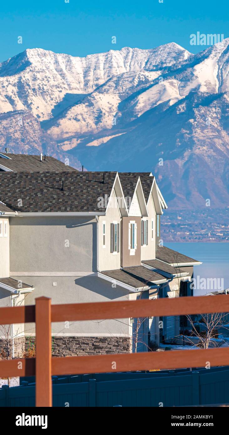 Vertical frame Majestic snow capped mountains above Utah Valley Stock ...