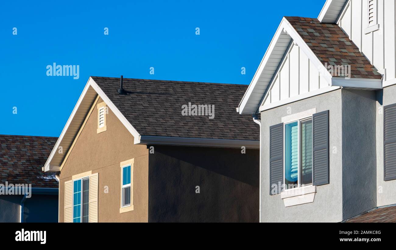 Panorama Low angle close-up on traditional American houses Stock Photo ...