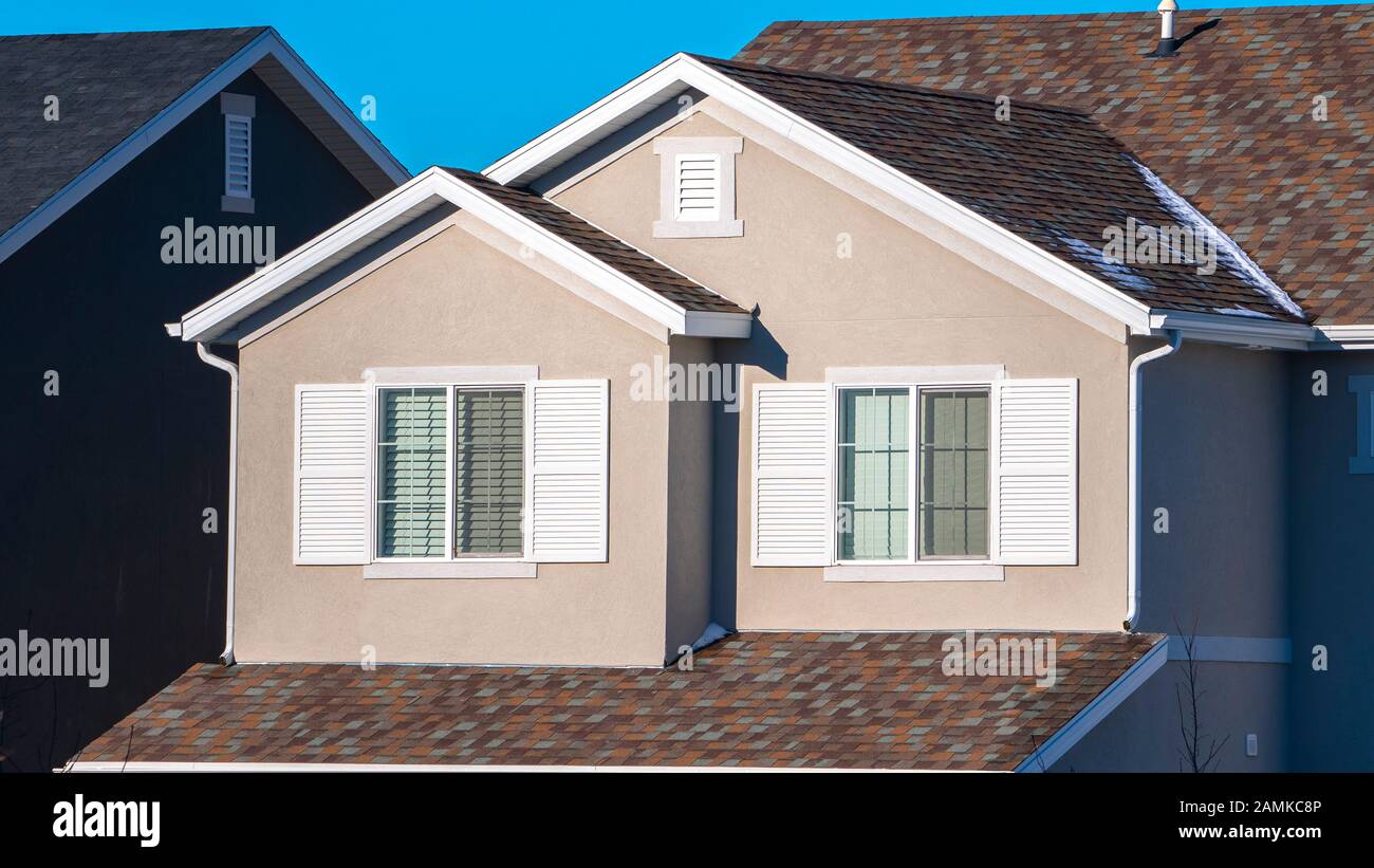 Panorama frame Modern house upper floor with shutters on windows Stock ...