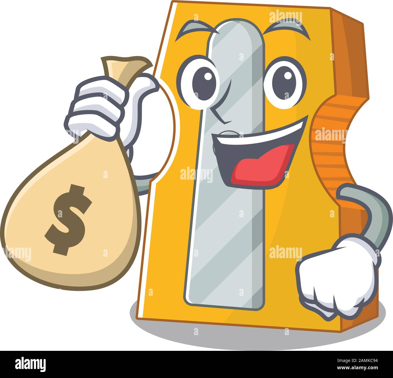 Happy rich pencil sharpener cartoon character with money bag Stock ...