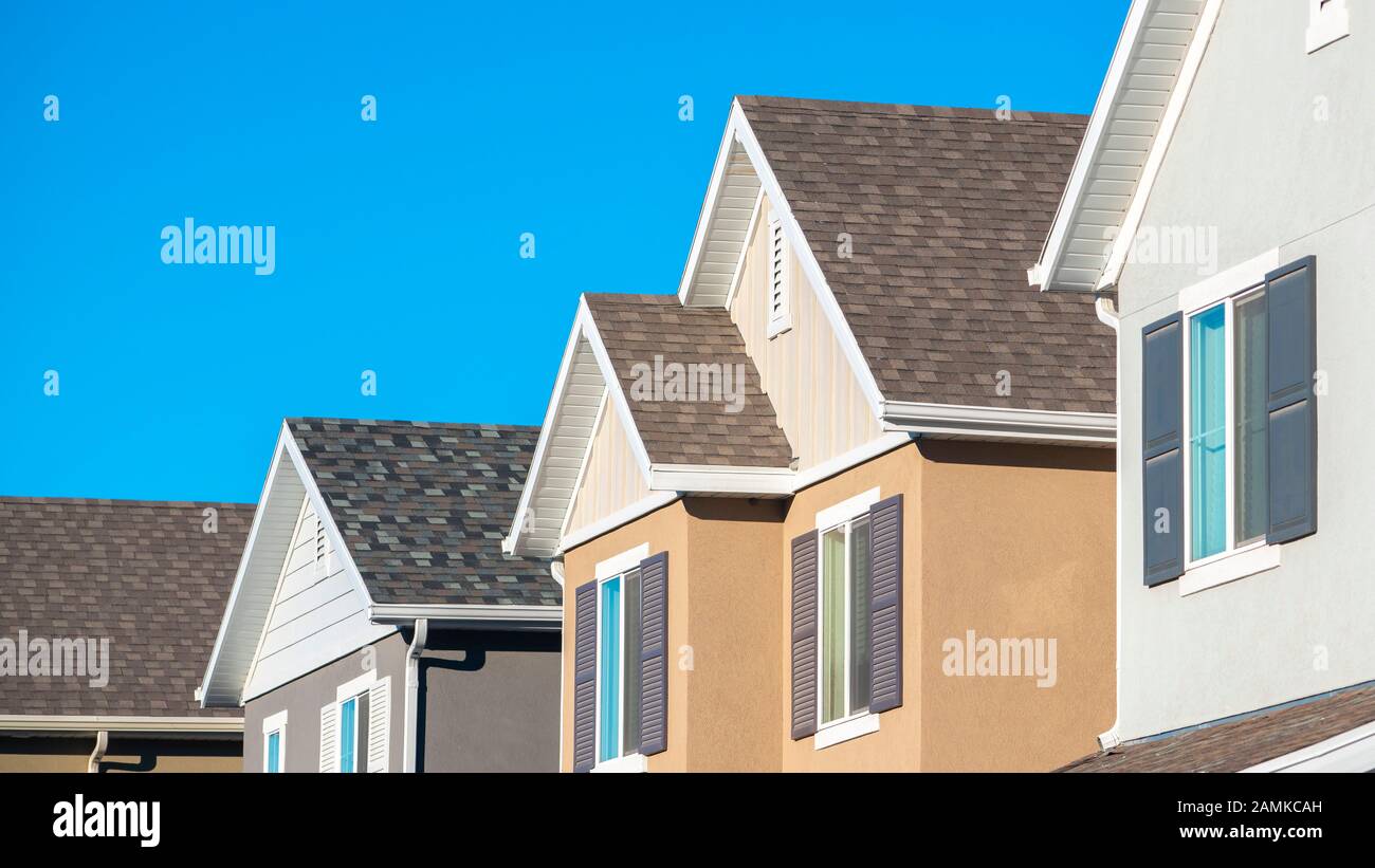 Panorama frame Row of upper floor house facades with shutters Stock ...