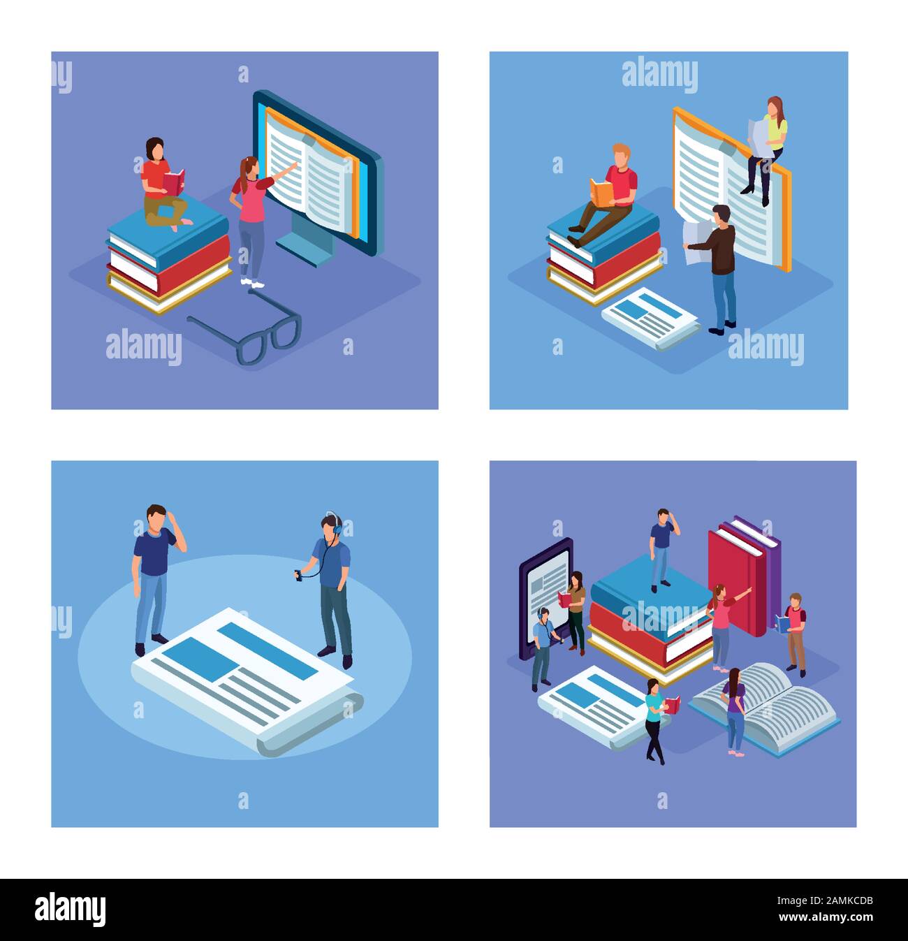 bundle of mini people reading electronics books scenes Stock Vector ...