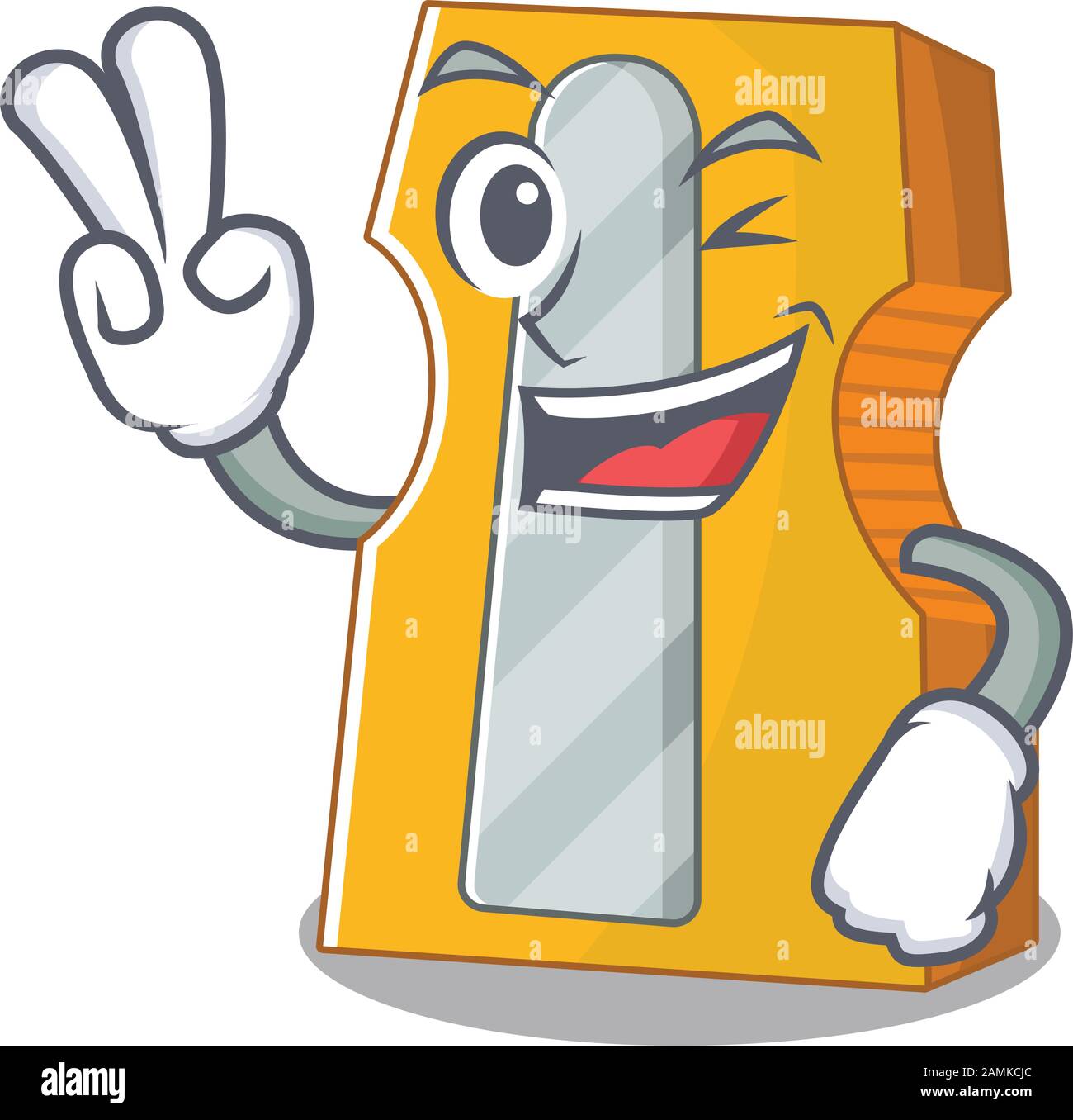 Smiley mascot of pencil sharpener cartoon Character with two fingers ...