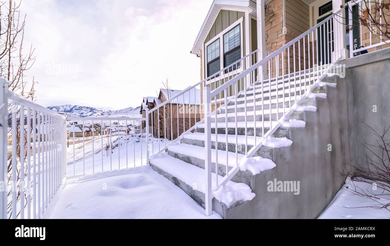 Panorama frame Cement steps covered in thick fresh winter snow Stock ...