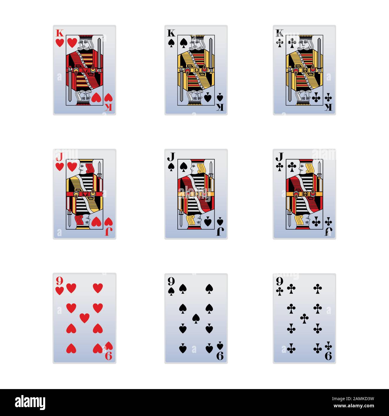 King, jack and nine of hearts, spades and club gambling cards icon set ...