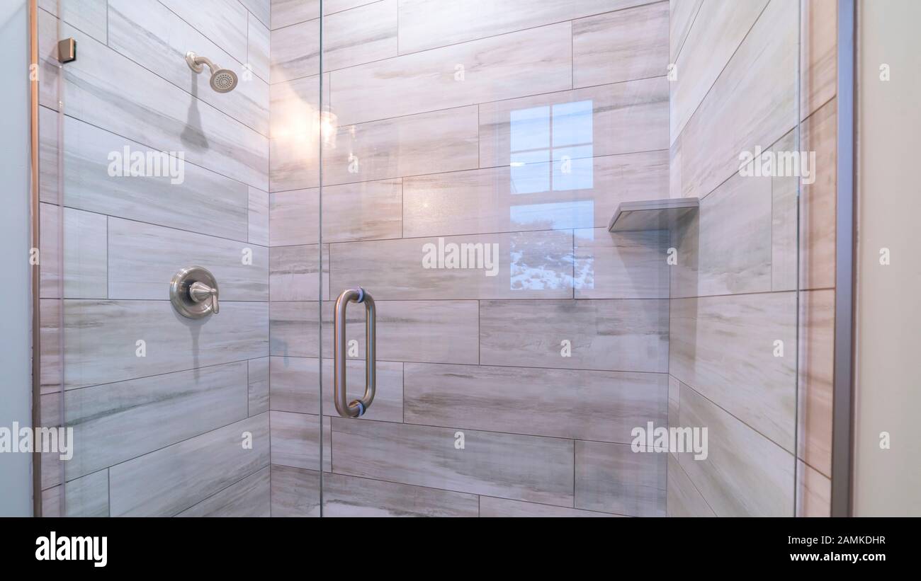 Panorama Large modern tiled shower cubicle bright interior Stock Photo ...