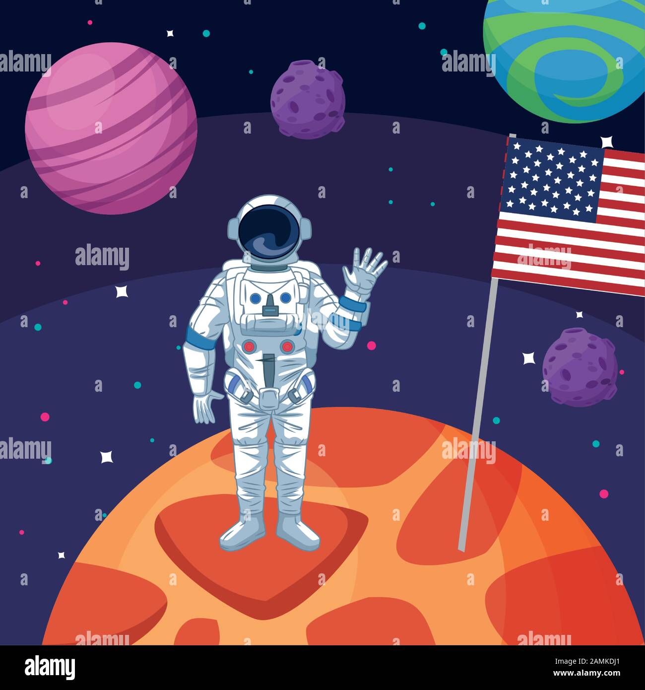 astronaut with american flag in planet space exploration Stock Vector ...