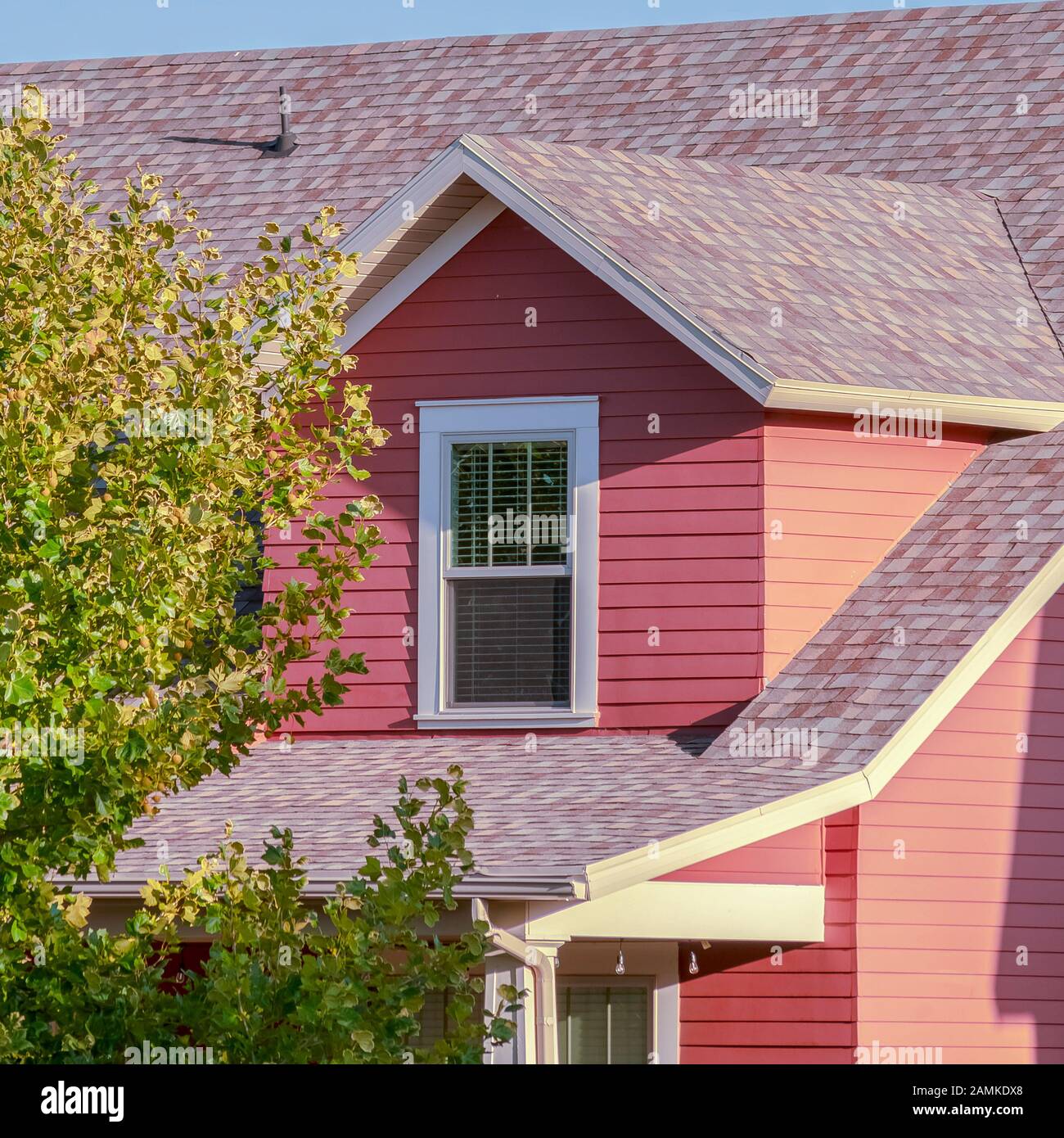 Square Colourful red timber clad house in green trees Stock Photo - Alamy