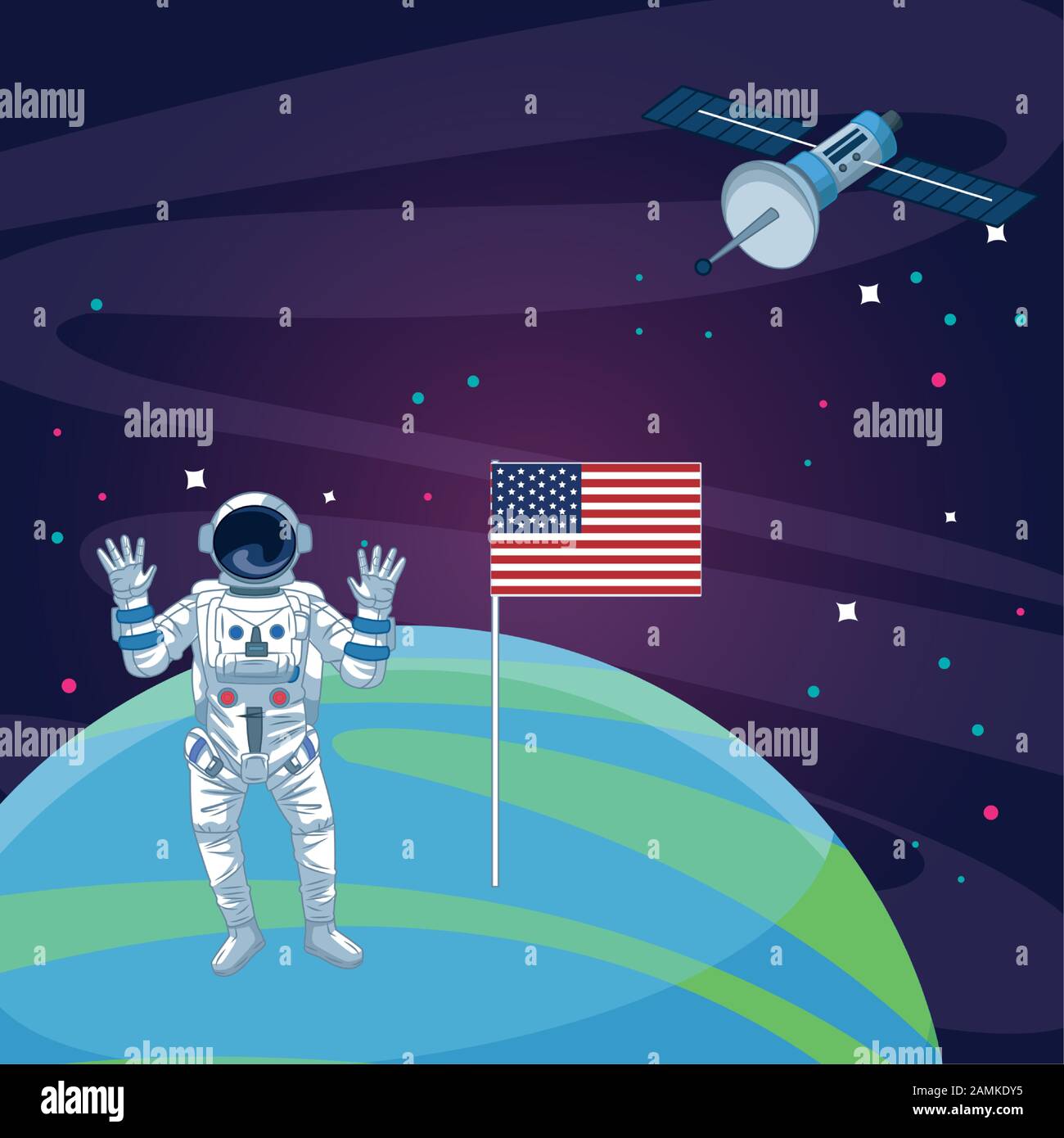 astronaut american flag satellite planet space exploration Stock Vector ...