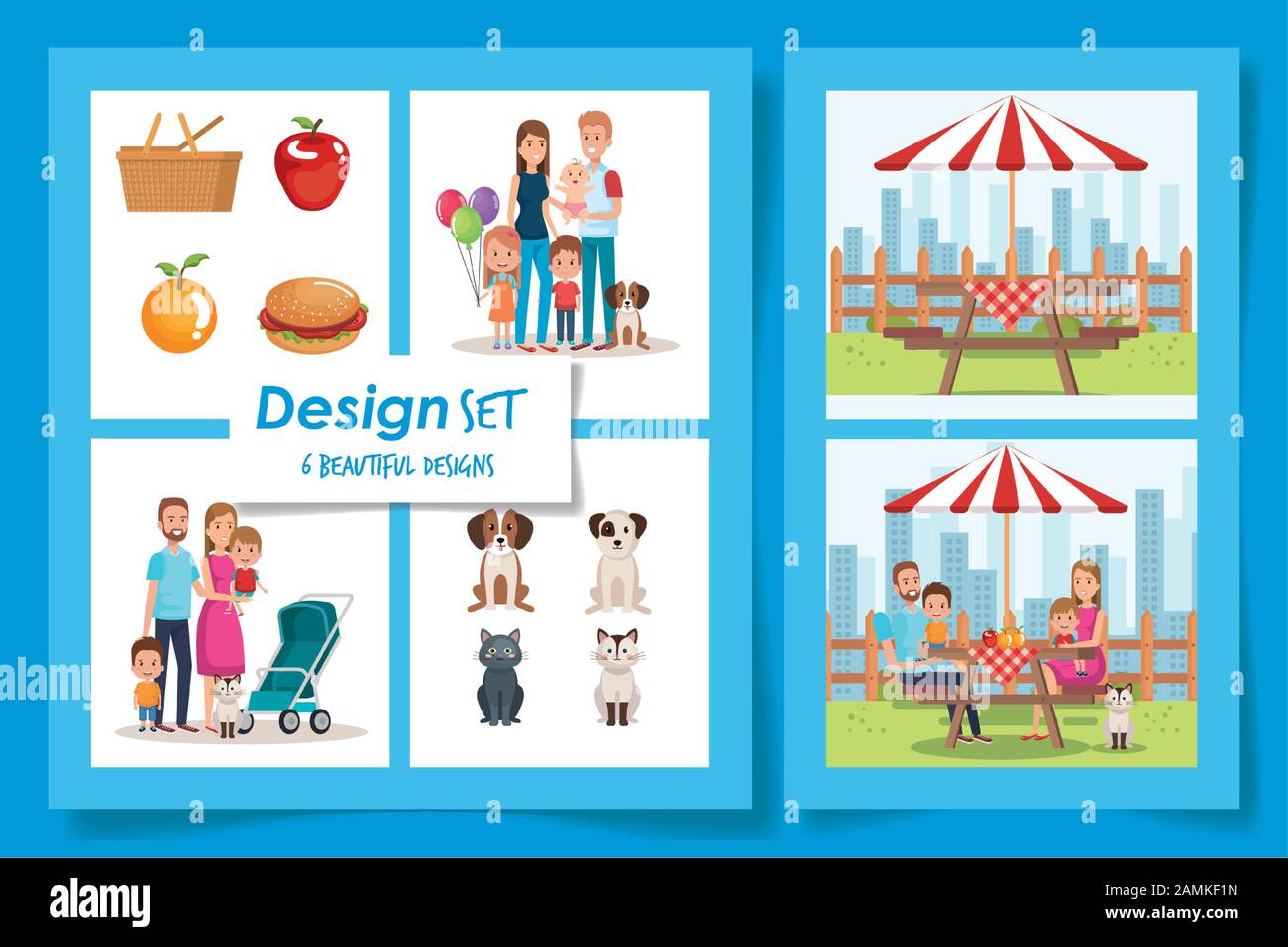 six designs of cute family scenes and icons Stock Vector Image & Art ...