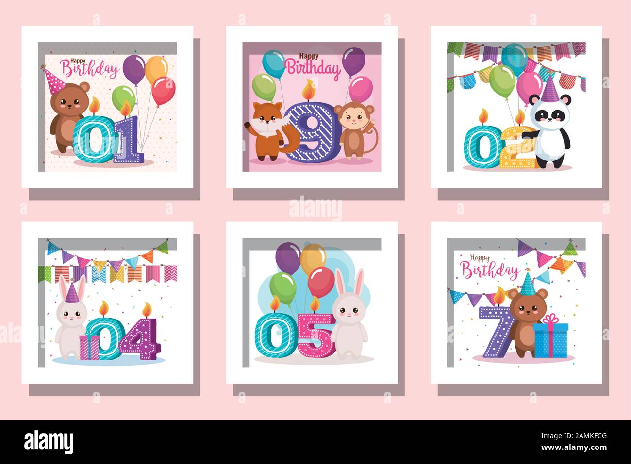 bundle of cards happy birthday with cute animals and decoration Stock ...
