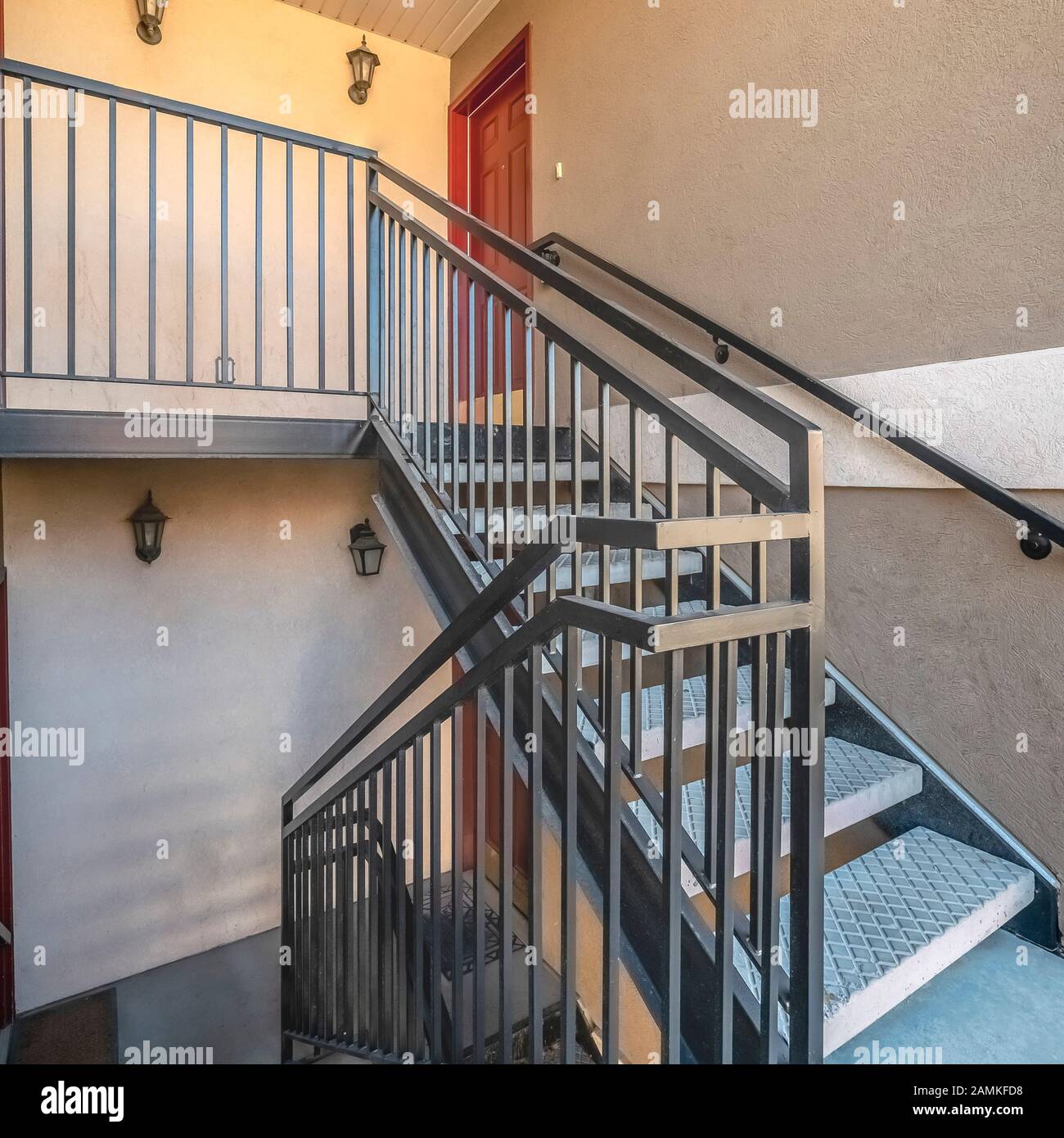Square frame Interior stairs and landing with bannister rail Stock ...