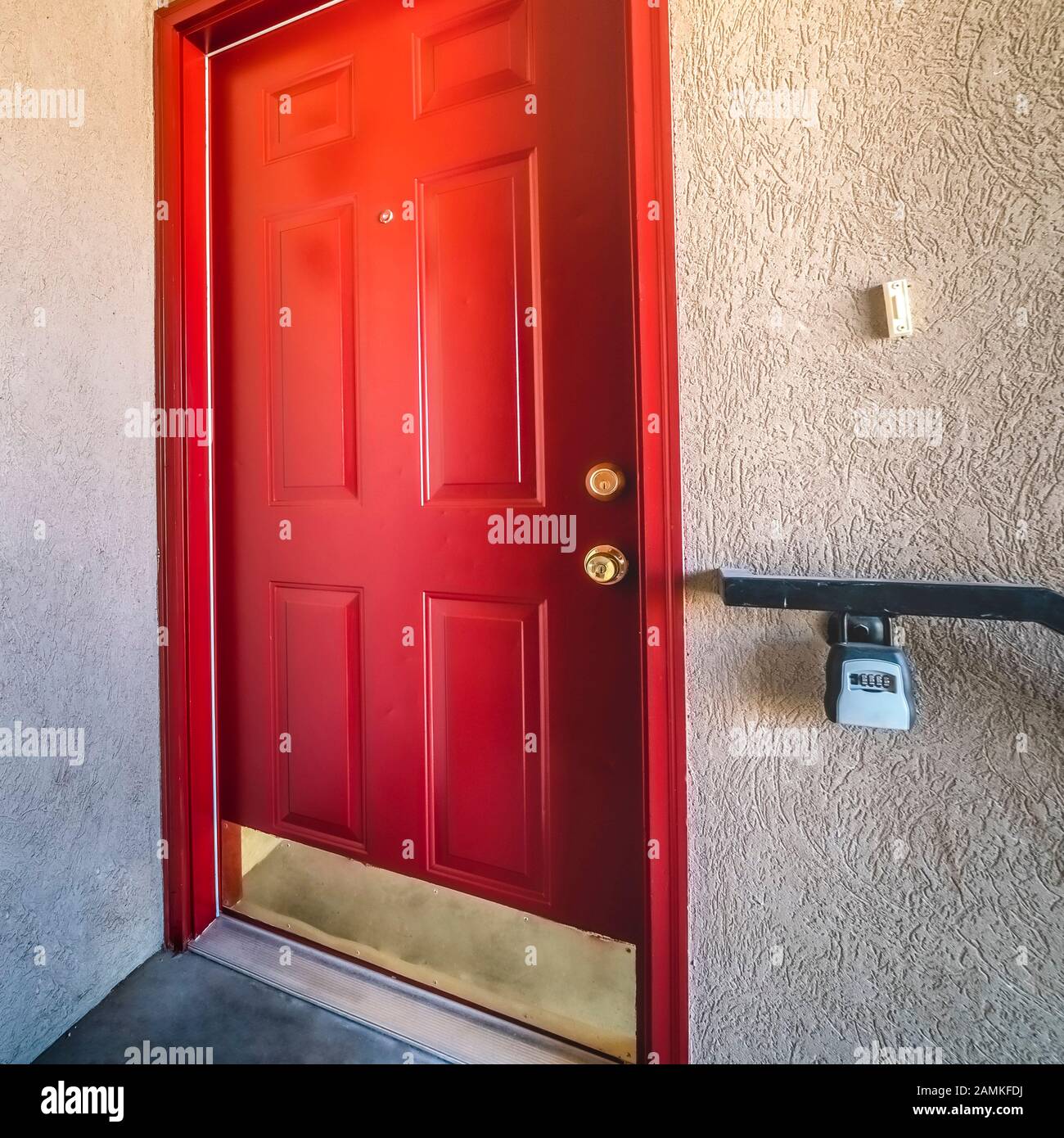 Square frame Bright red apartment or house door day light Stock Photo ...