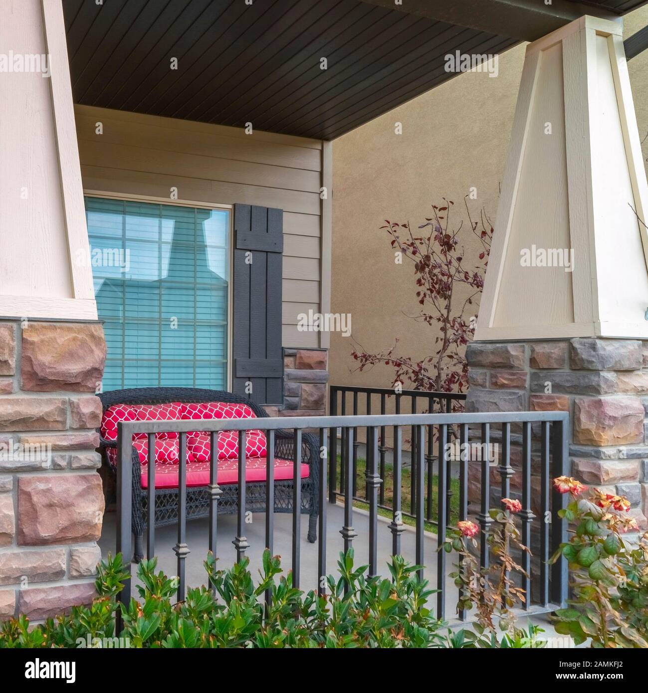 Square frame Entrance porch with colorful red settee day light Stock ...