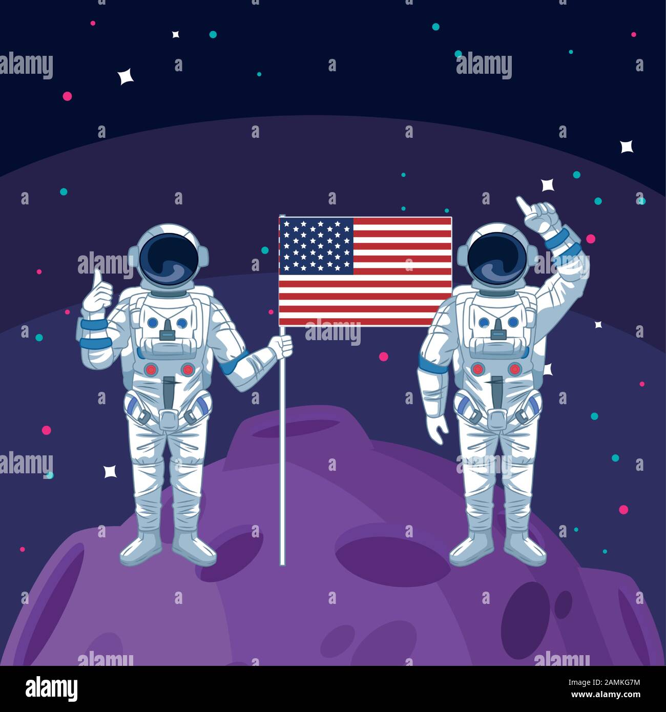 astronauts team american flag in moon space exploration Stock Vector ...