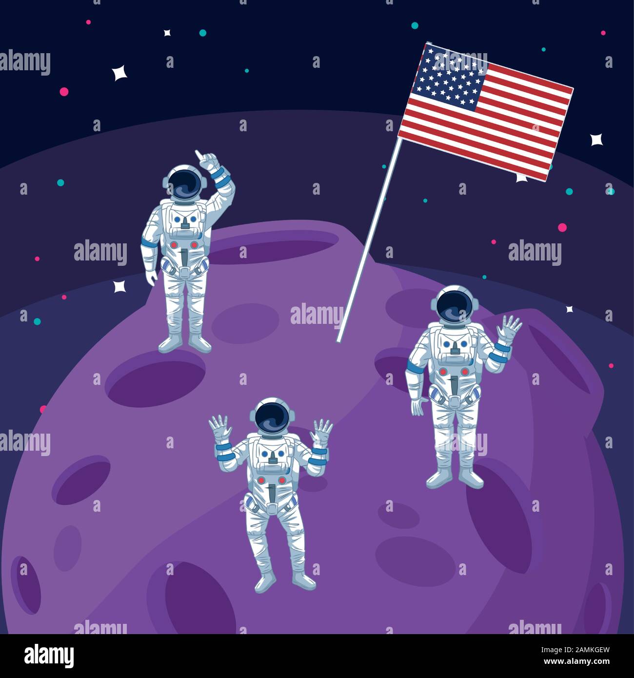 astronauts group with american flag in moon space exploration Stock ...