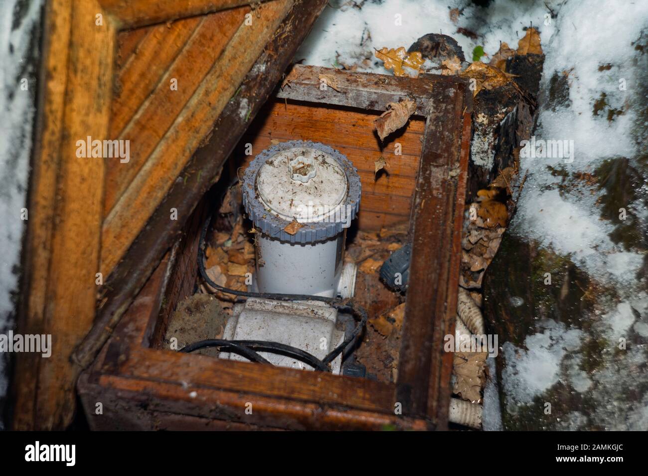 Seemingly frozen outdoor electric water pump, night scene Stock Photo ...