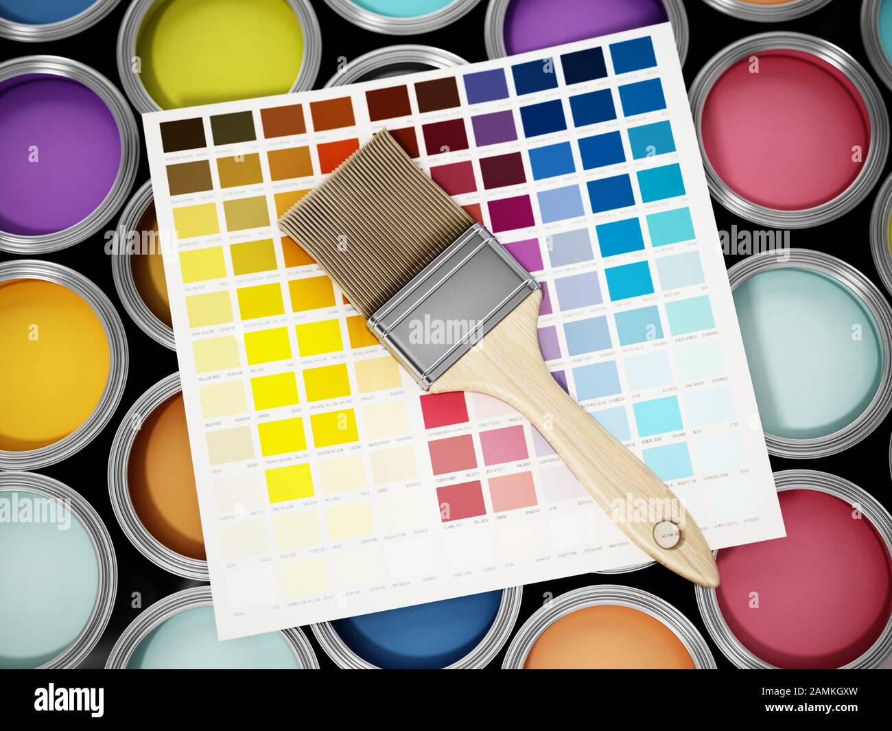 Various paint cans, roller and color guide. 3D illustration Stock Photo ...