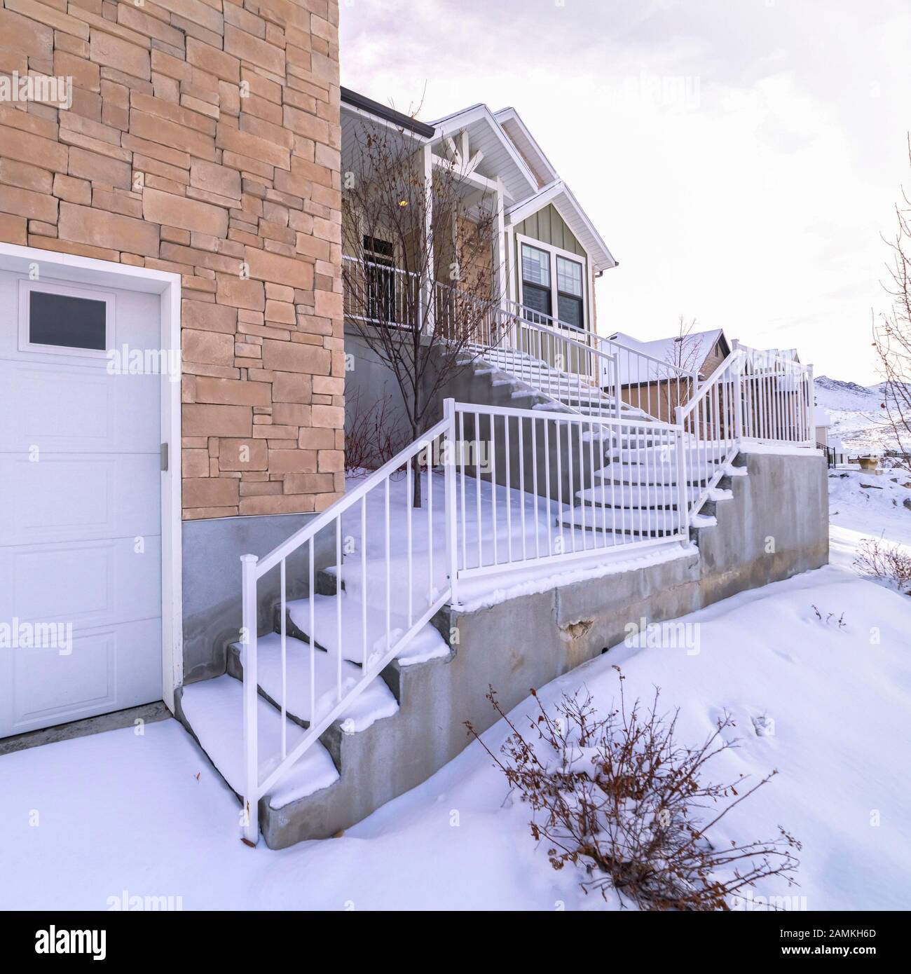 Square frame Double flight of stairs covered in fresh snow Stock Photo ...