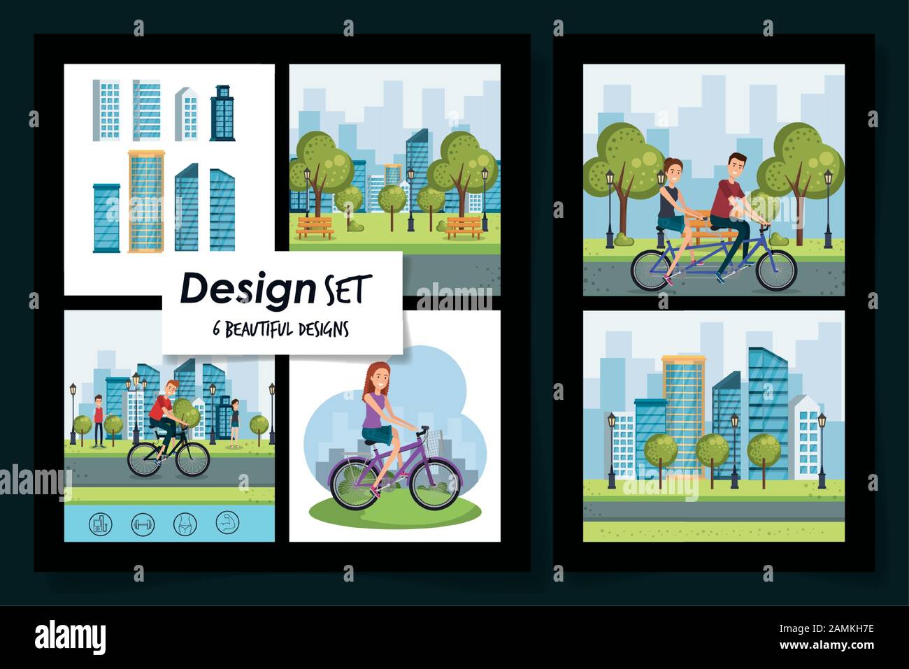 six designs of healthy lifestyle scenes and young people Stock Vector ...