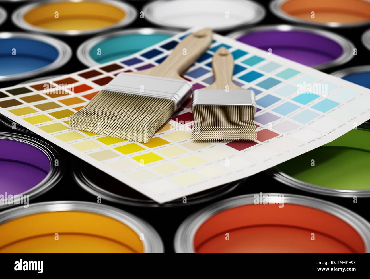 Various paint cans, roller and color guide. 3D illustration Stock Photo ...