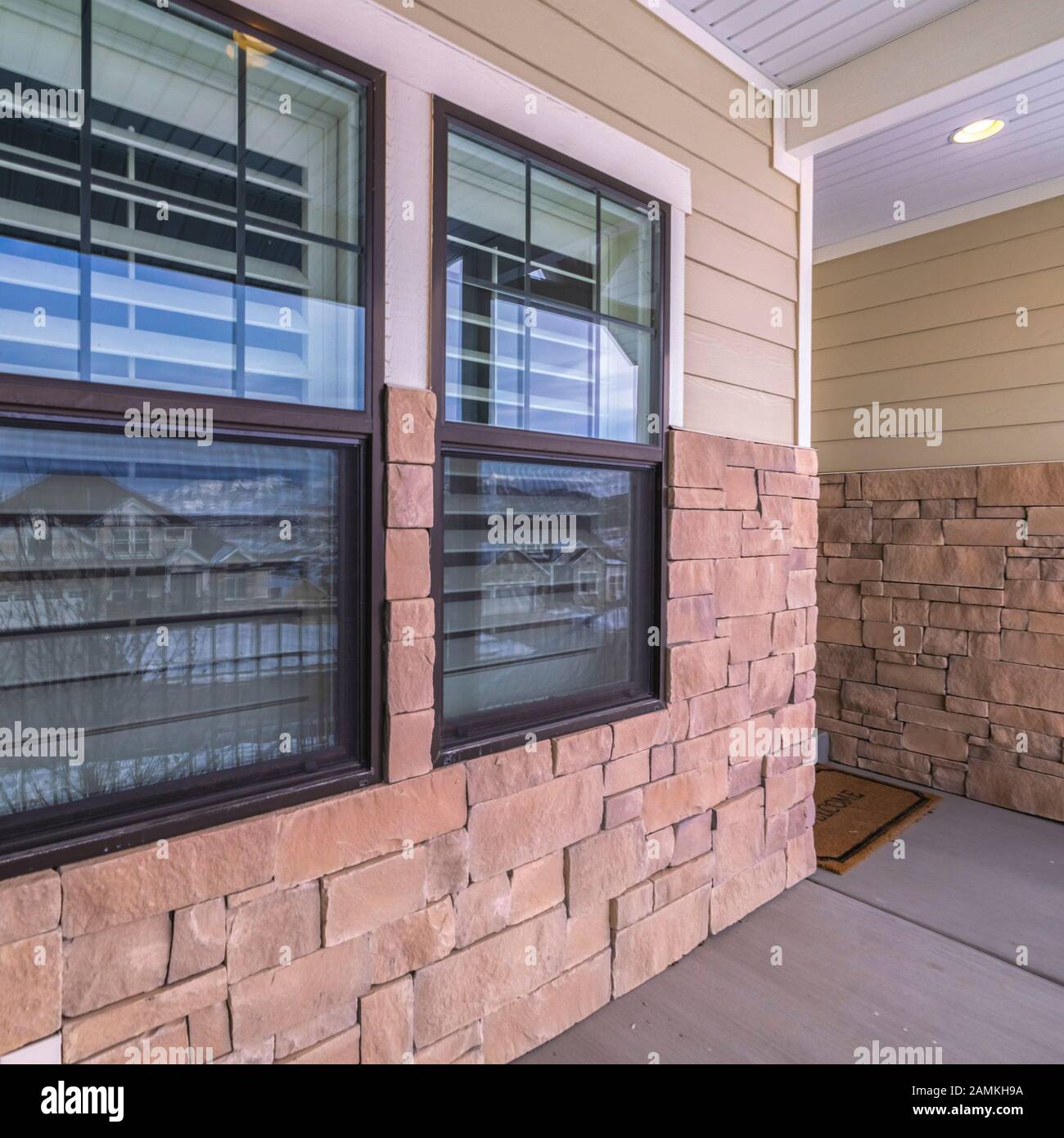 Square frame House windows with internal louvers day light Stock Photo ...