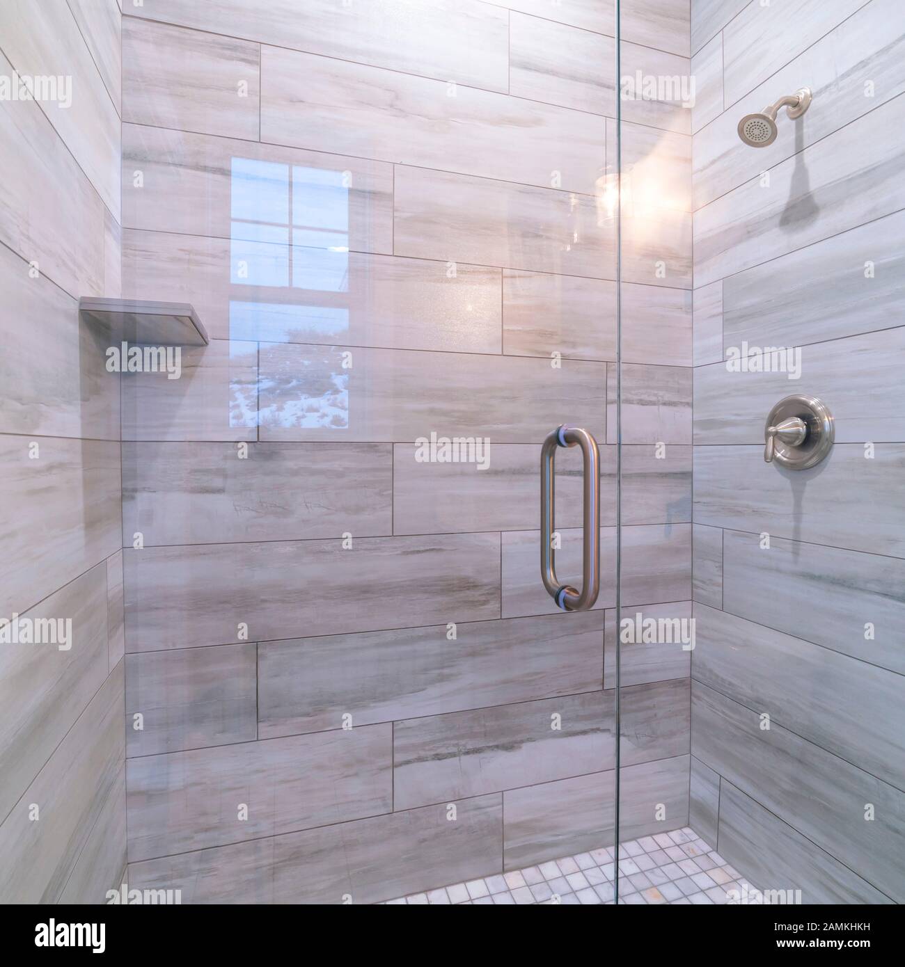 Square frame Large modern tiled shower cubicle bright interior Stock ...