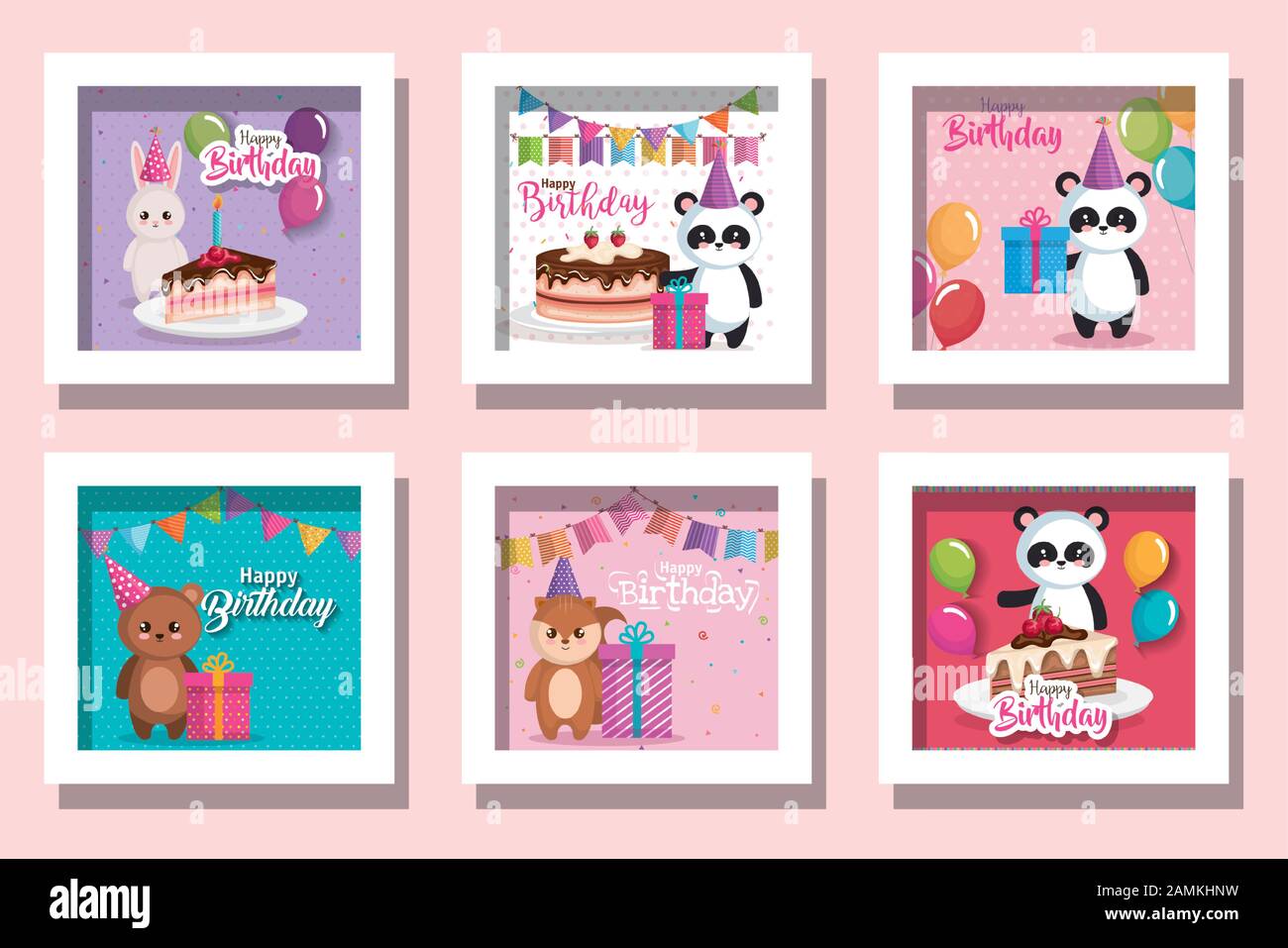 bundle of cards happy birthday with cute animals Stock Vector Image ...