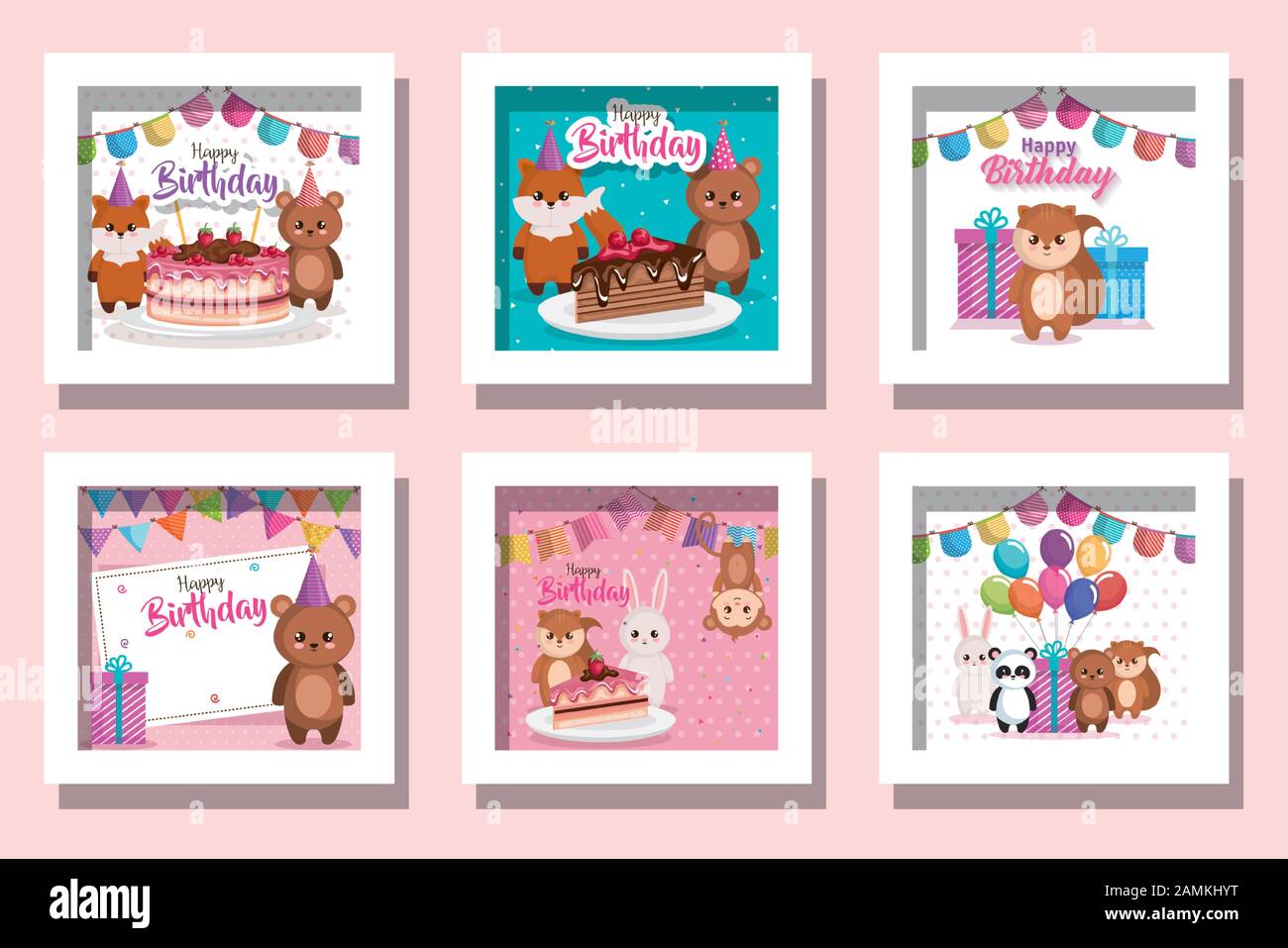 bundle of cards happy birthday with cute animals Stock Vector Image ...