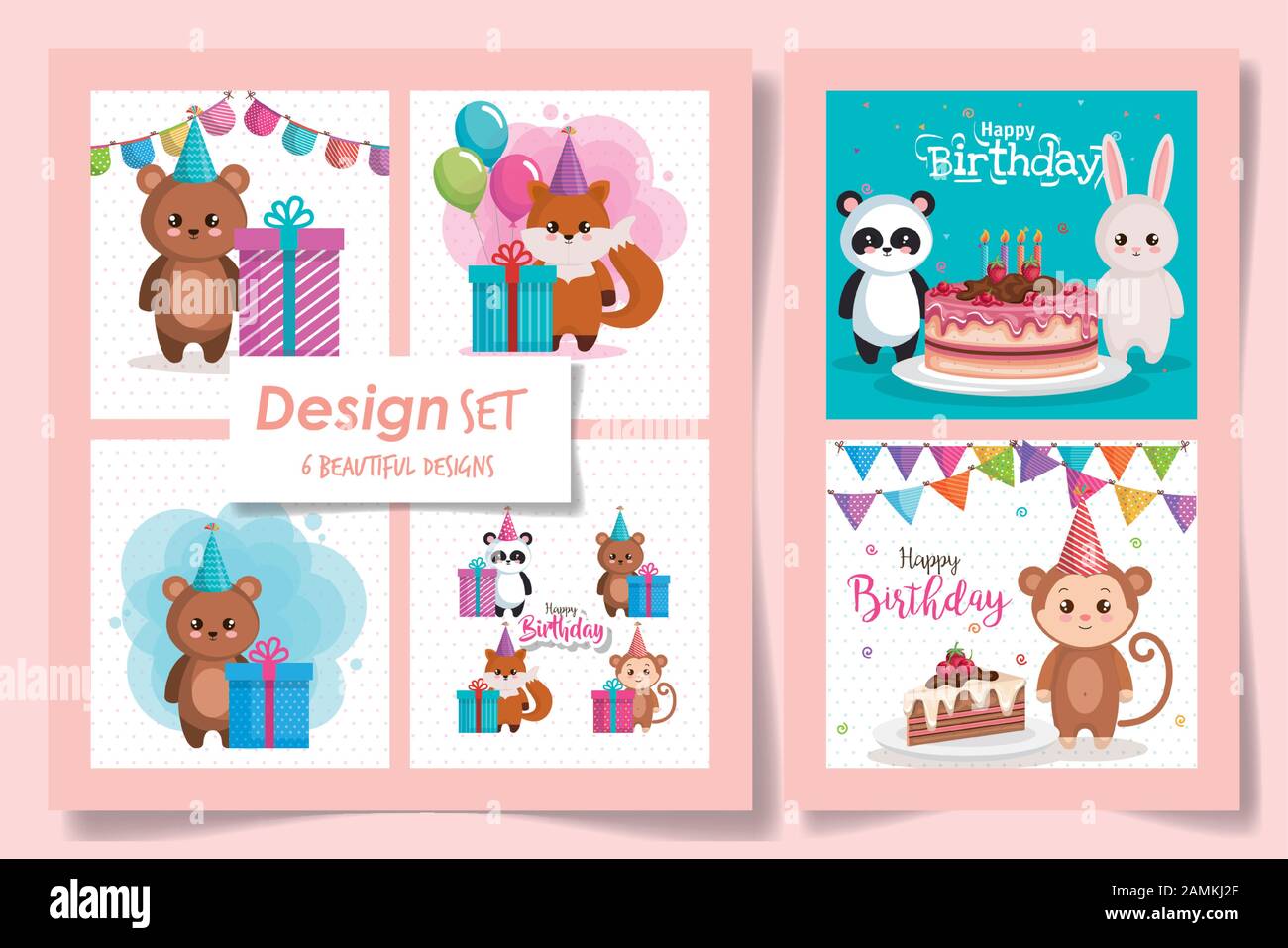 six designs of cards happy birthday with cute animals Stock Vector ...