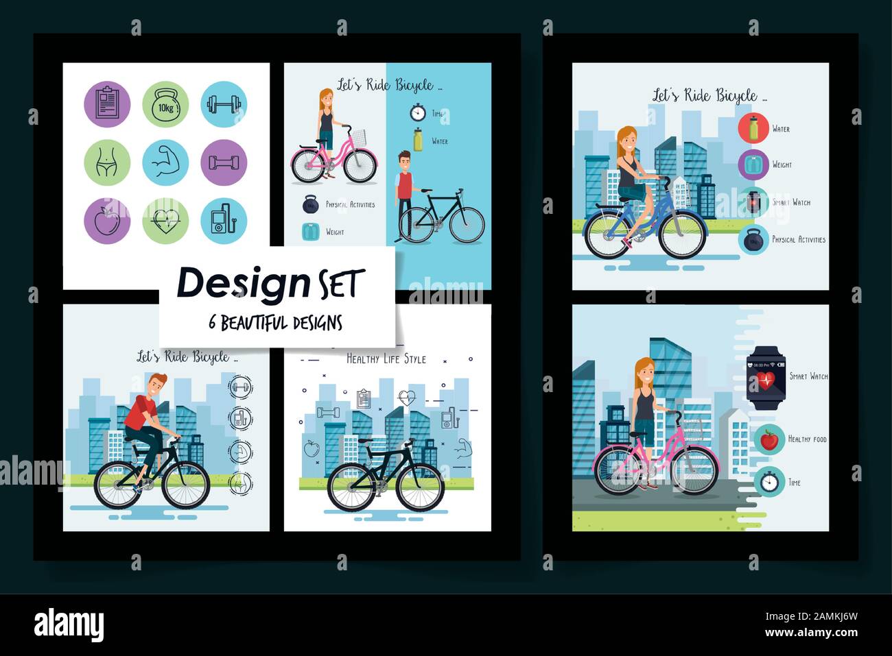 six designs of healthy lifestyle scenes and young people Stock Vector ...