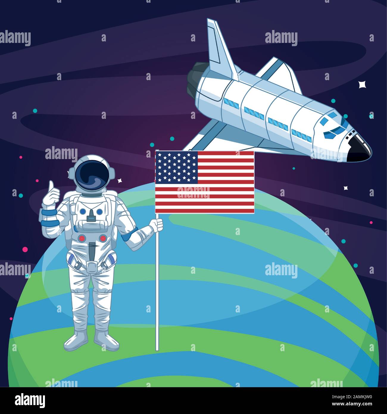 astronaut with american flag planet rocketship space exploration Stock ...