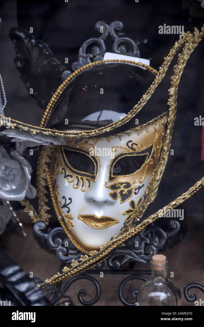 Goth Convention weekend at Whitby, North Yorkshire. A mask in a shop ...