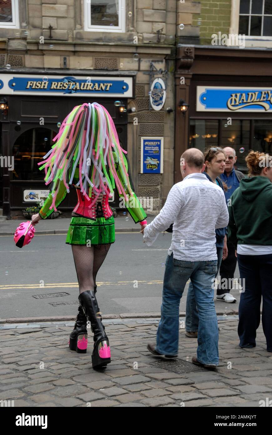 Goth Convention weekend at Whitby, North Yorkshire. A very tall Goth ...
