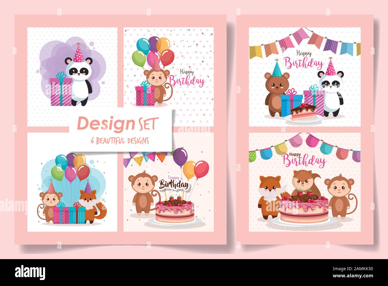 six designs of cards happy birthday with cute animals Stock Vector ...
