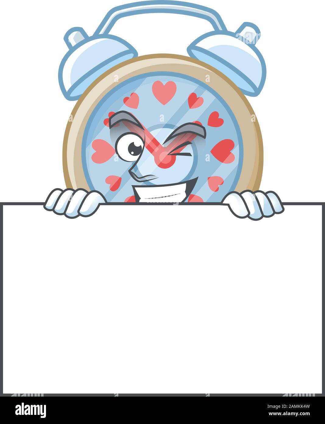 Grinning face clock love cartoon character style hides behind a board ...