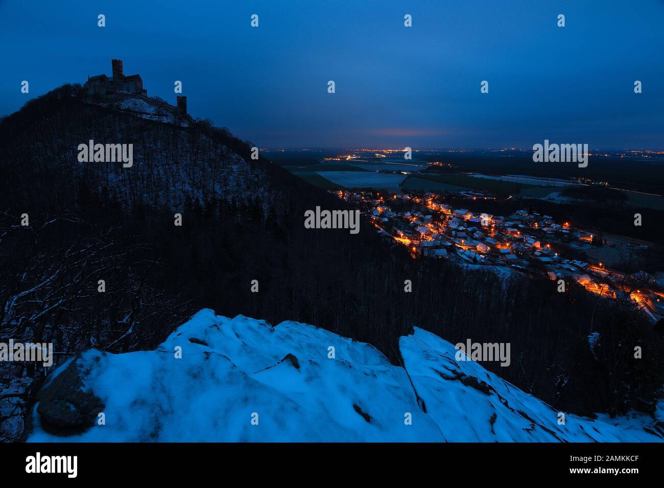 Winter season in rocks at Bezdez castle.. Blue winter landscape, tree ...
