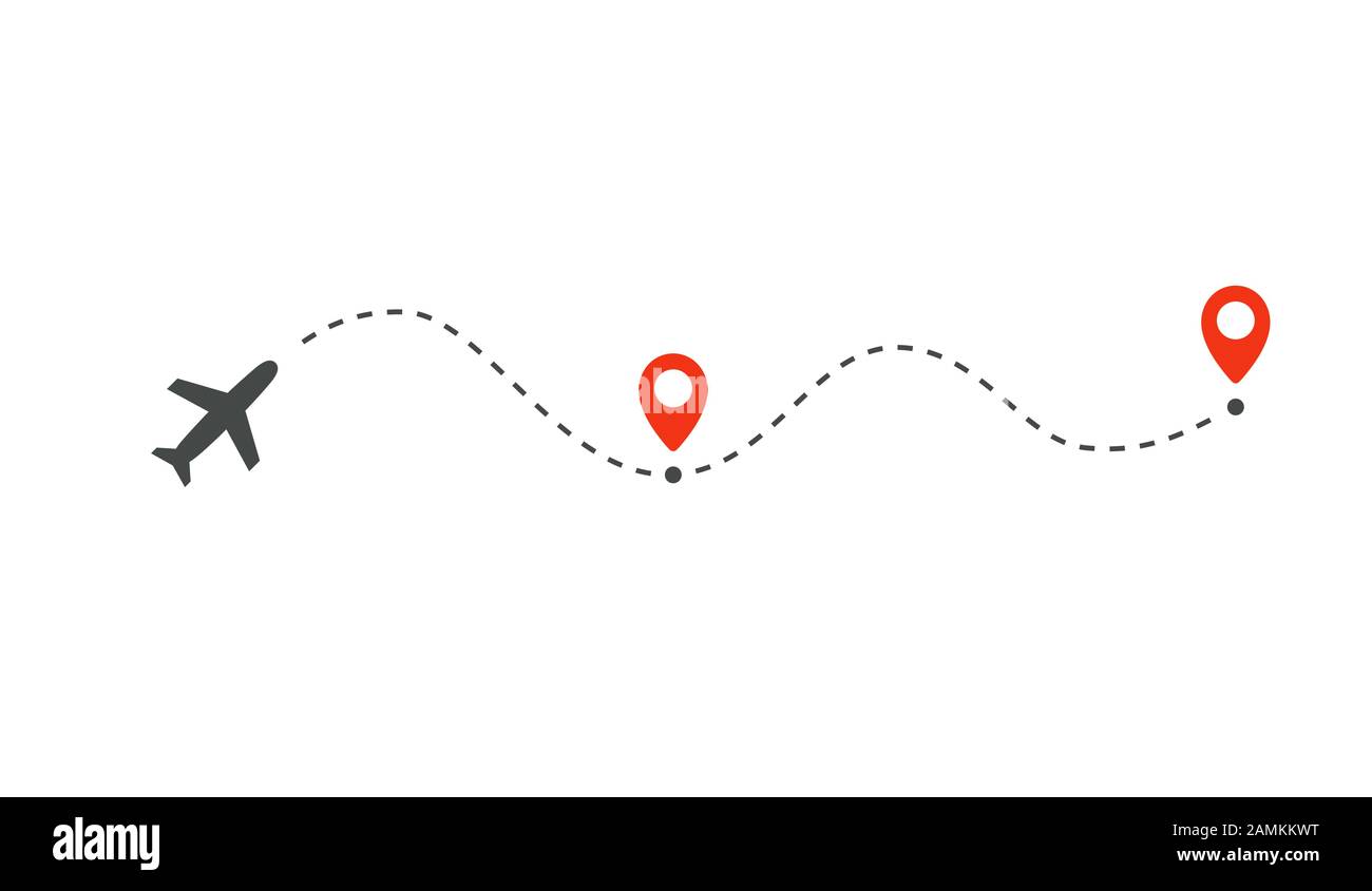 Plane path with location pins vector illustration. Path to location by ...