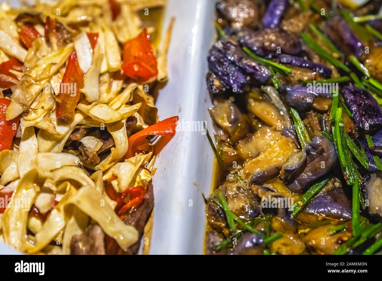 Fried vegetables in a serving bowl as a asian style breakfast buffet on ...