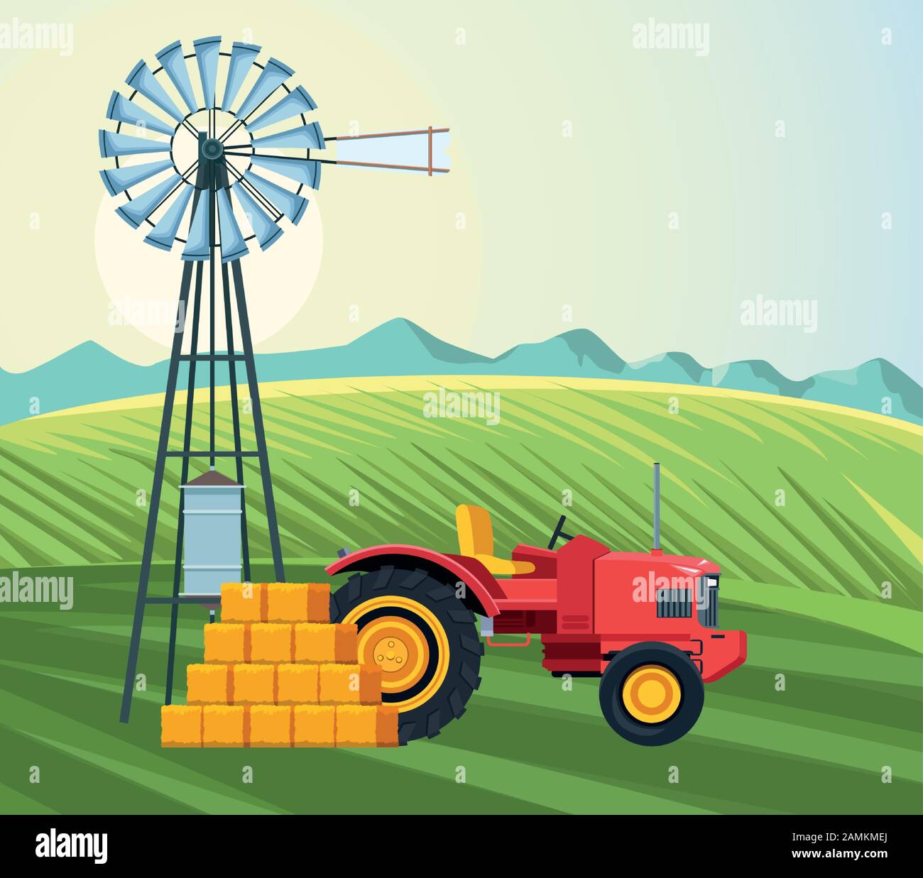 farming field with tractor windmill and bales of hay farm Stock Vector ...